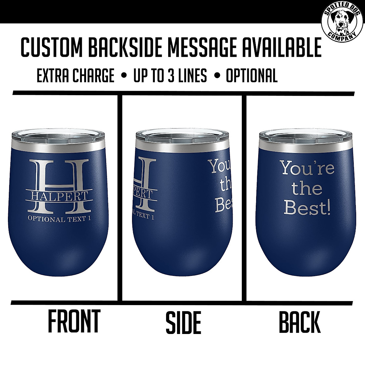 Personalized 12oz (17 Colors) Powder Coated Stainless Steel Stemless Wine Tumbler with Lid, Custom Etched, Customized Wine Gift for Women Her, Wine Lover, Halpert Monogram Initial Name (Navy Blue)