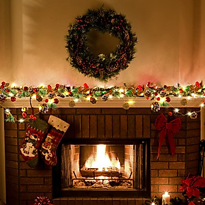 Christmas Garland with String Lights 10 Ft 30 LED Pine Cone Red Berry Bells Garland Lights, Indoor Christmas Decorations for Home and Fireplace Mantel Decor, Christmas Tree Decor