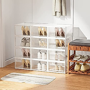 Pinkpum 4 Pack-Drawer Shelf Storage Container for Wardrobe +12 Pack Large Clear Plastic Shoe Storage Foldable Sneaker Storage Fit for Size 12