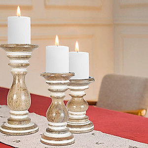 Wood Candle Holder, Candle Holder for Christmas Decoration, Wooden Pillar Candle Holder, Tall Candle Holders, Farmhouse Candle Holder, Candle Holder Set of 3, Height (10+8+6) inch White Wash