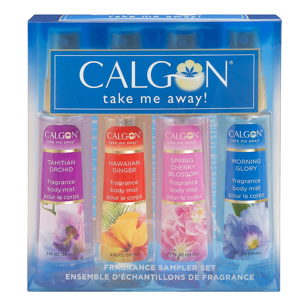 Calgon Take Me Away 4 Pc Gift Set (Refreshing Body Mist 2.0 Oz Of Spring Cherry Blossom Hawaiian Ginger Morning Glory Tahitian Orchid) for Women By 2 Fl Oz