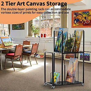 lukar Metal Art Storage Rack with Caster Wheels, 2 Tier Art Canvas Storage Rack, Large Artwork Storage Stand Canvas Organizer Art Drying Rack for Painting, Canvas, Artwork, Panels, Galleries
