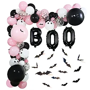 Halloween Party Balloon Arch Garland Kit, 125Pcs 18" 12" 5" Black Pink Latex Balloons 18" BOO Foil Balloon with 3D PVC Bat Halloween Decorations Pack for Halloween Party Decorations Halloween Supplies