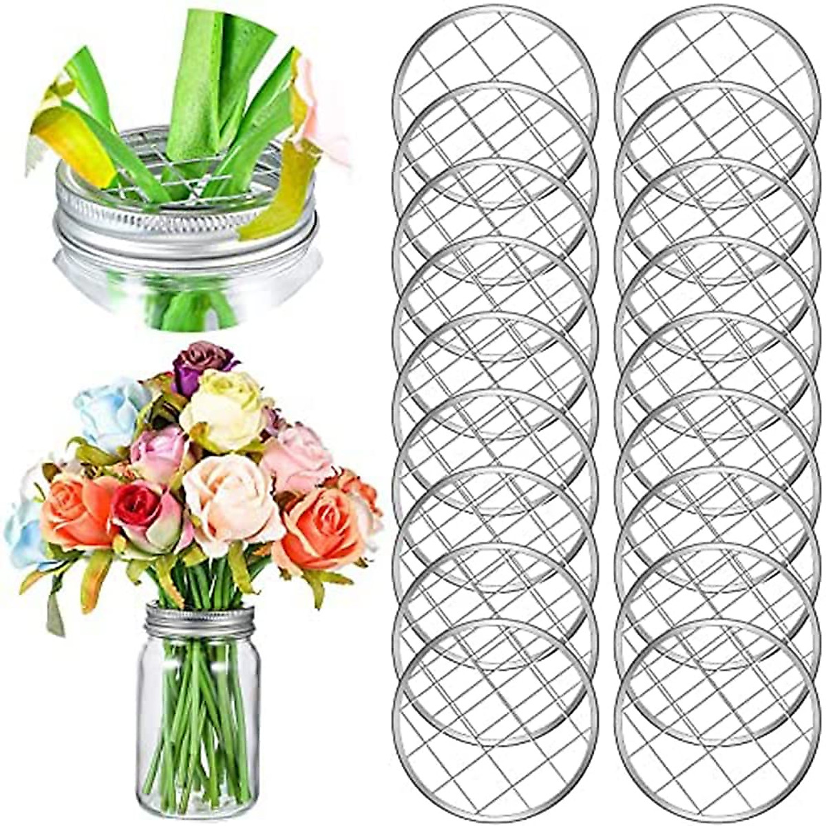 Flower Mason Jar Flower Lid Floral Frog Vase Insert Canning Jar Insert Mason Jar Lid with Square Grids for Regular Mouth Mason Canning Jars(18 Set,70mm)