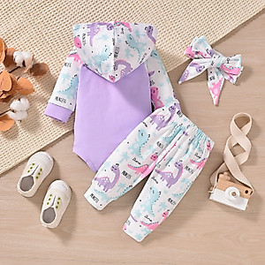 MINIFEIKO 6-12 Months Baby Girl Clothes Dinosaur Long Sleeve Hoodie Romper Bodysuit And Pants With Heaband 3Pcs Infant Girls Fall Winter Outfit Set(Purple Dino,6-12 Months)