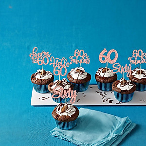 30Pcs Happy 60th Birthday Cupcake Toppers Rose Gold Glitter Sixty Cake Toppers Cheers to 60 Years Old Birthday Cupcake Picks for 60th Birthday Anniversary Party Cake Decorations Supplies
