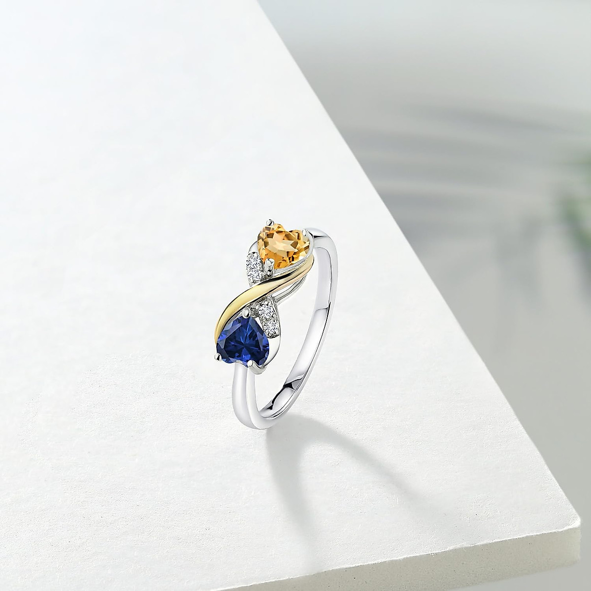 Gem Stone King 925 Silver and 10K Yellow Gold Yellow Citrine Blue Created Sapphire and White Lab Grown Diamond Ring (1.00 Cttw, Gemstone Birthstone, Available In Size 5, 6, 7, 8, 9)
