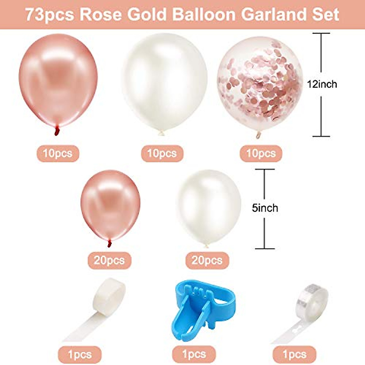 Larchio Rose Gold Balloon Arch Kit, Balloon Garland Rose Gold Confetti Balloons and White Balloons, Balloon Tie and Tape for Birthday Wedding Party Decoration