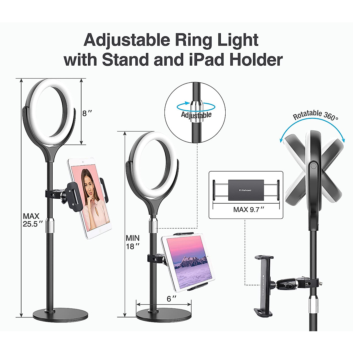 Elitehood iPad Stand with Ring Light for Online Video Conference, 3 Colors & 10 Brightness Computer Ring Light, Adjustable Desktop iPad Holder Stand for iPad Pro 12.9 11 Air Mini and 4-13’’ Tablet