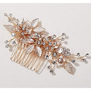 SWEETV Light Rose Gold Wedding Hair Comb Clip,Handmade Bridal Hair Accessories for Women Wedding