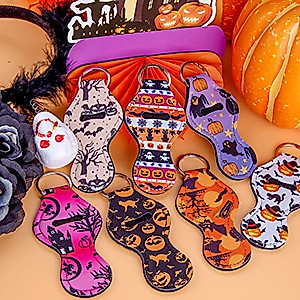 Duufin 24 Pieces Chapstick Holder Halloween Keychain Holder Lipstick Key Ring Holder Chapstick Keychain Holder with 24 Pieces Metal Clip Cords for Chapstick Tracker and Safeguard, 24 Halloween Style
