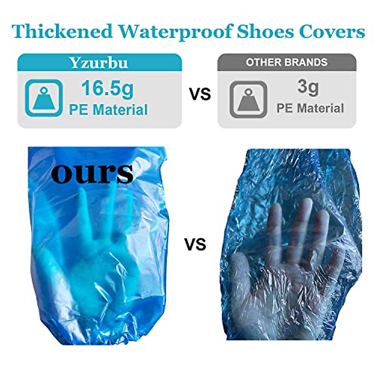 Yzurbu 50 Pcs (25 Pairs) Disposable Shoe Covers Non Slip Blue Rain Shoes and Boots Covers Long Waterproof Anti-Slip Overshoe (Large Size - Up to US Men's 11 & US Women's 13)