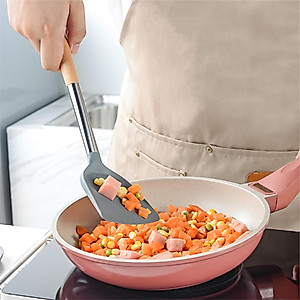 Silicone Cooking Utensils Set, 8pcs Cooking Nonstick Cookware With Wooden Handles and Holder for New Apartment Decor Gadget & Kitchen Tool Gift Sets (Grey)