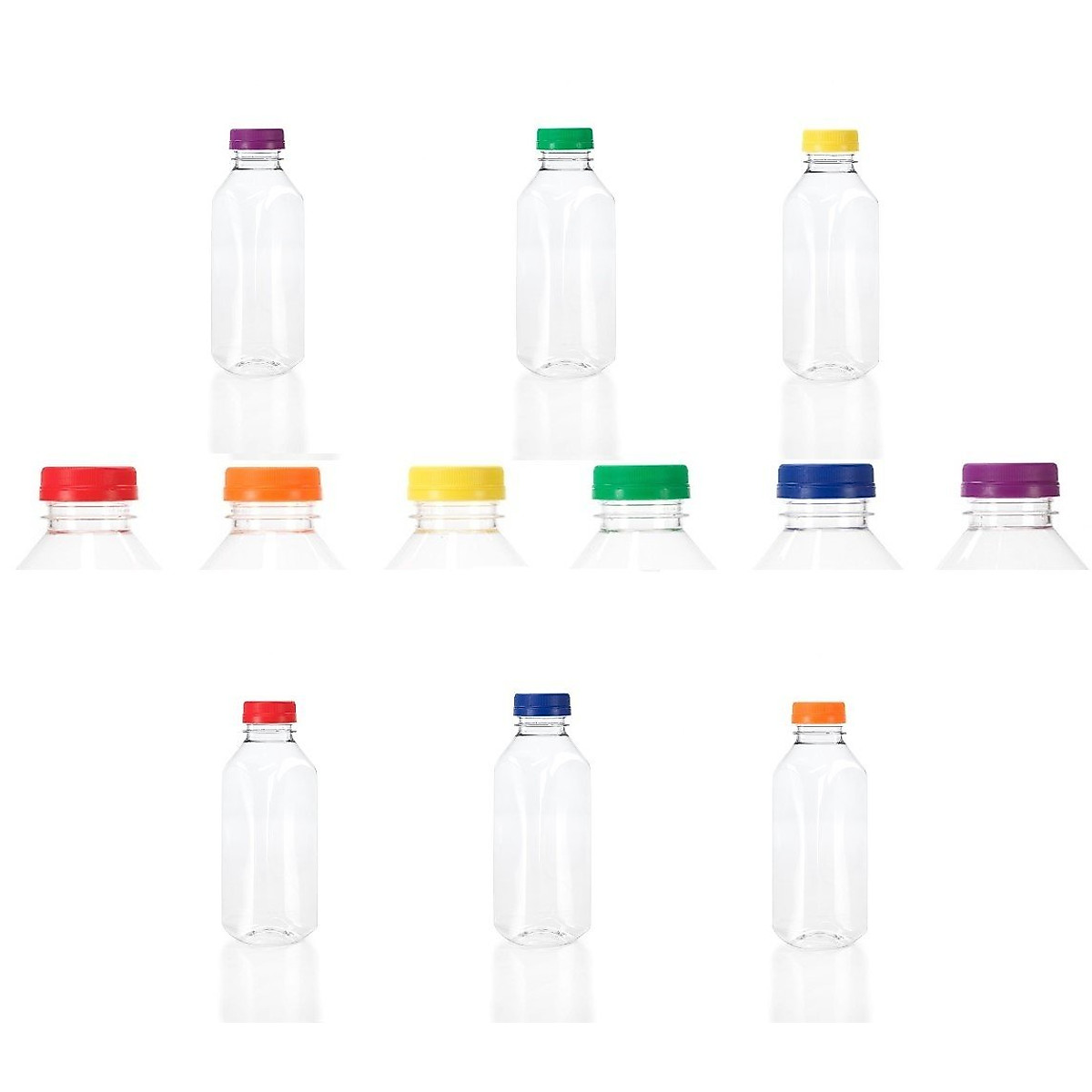 (6) 16 oz. Clear Food Grade Square Plastic Juice Bottles with Tamper Evident Caps 6/pack (Mixed Lids)