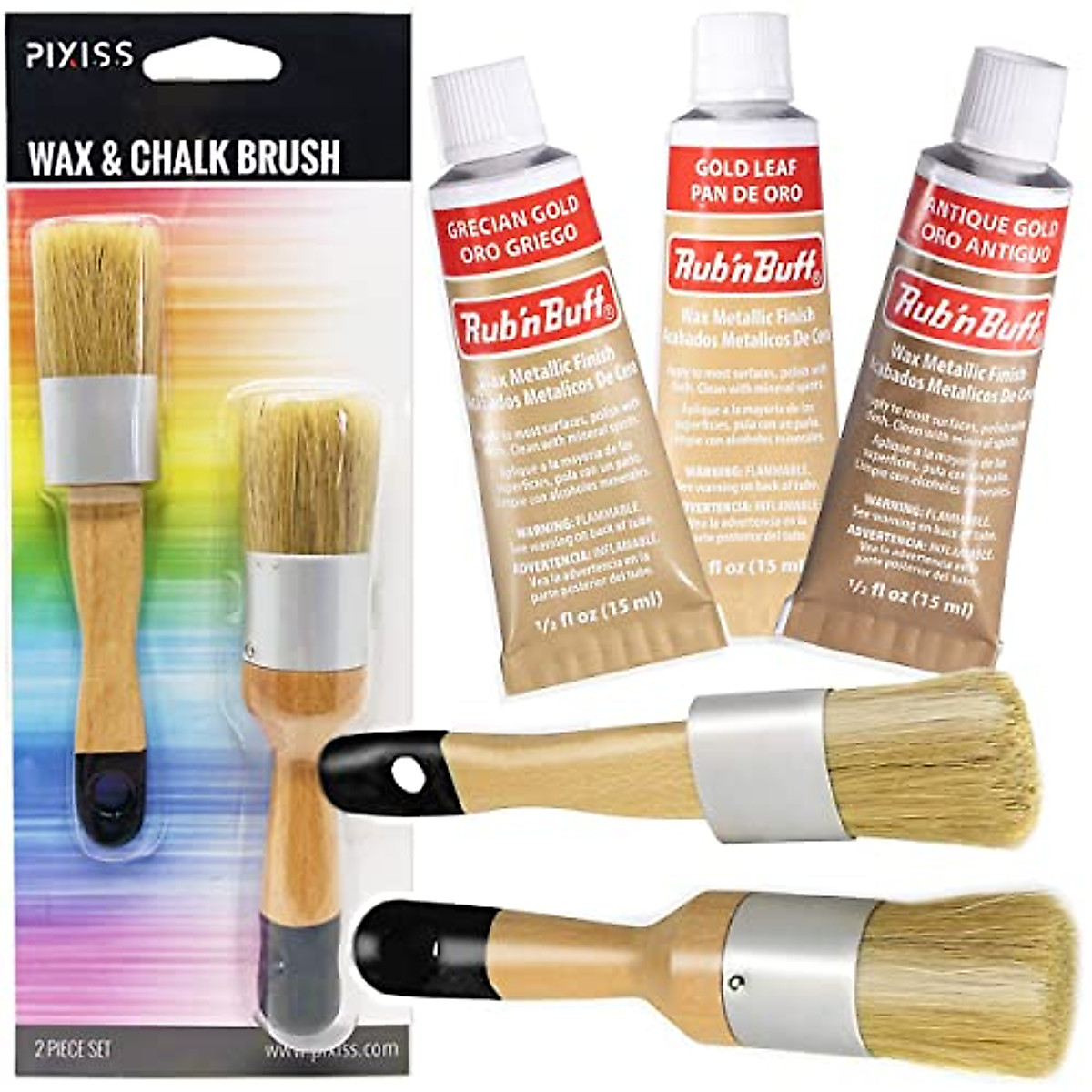 Rub 'n Buff Gold Tones and Pixiss Wax Brushes - Gold Leaf, Grecian Gold, Antique Gold (15ml) - Gilding Wax Paint with Customizable Sheen - Quickly Dries to a Metallic Finish - Boar Hair Bristles