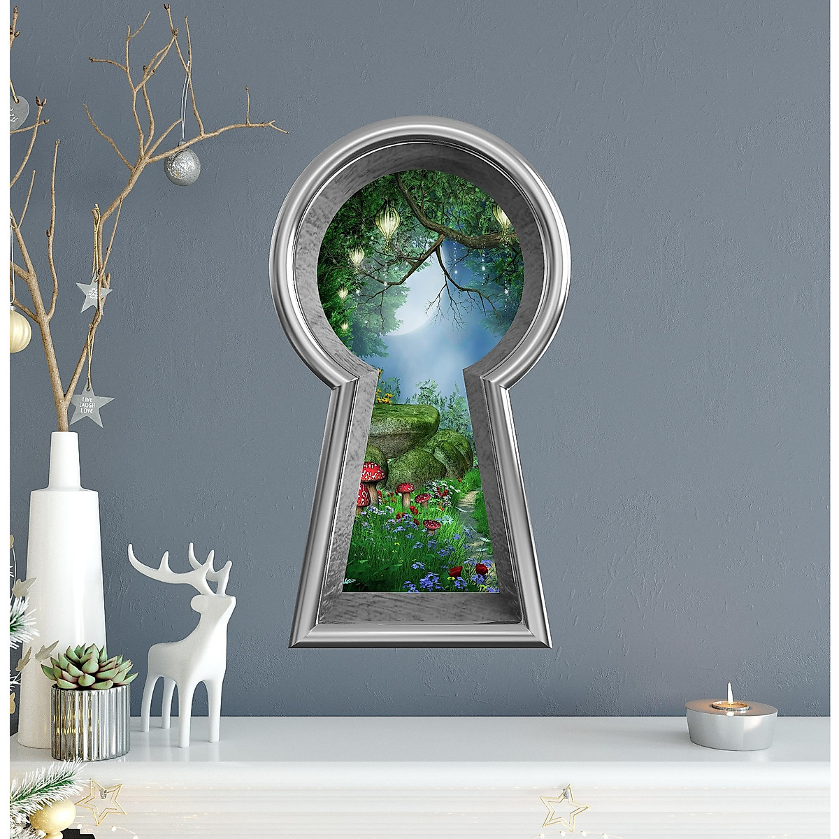 Silver Keyhole Window Wall Decal Enchanted Lantern Forest Wonderland Kids Room Decor Fantasy Mushroom Fairy Tale Removable Vinyl Wall Sticker 16 inch