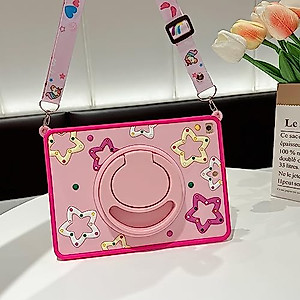 Premium Cute Soft Silicone Pink Star Colorful Kawaii Pattern Tablet Case with Built-in Foldable Kickstand and Lanyard Shockproof Cover Case for iPad Air 2019/ Pro 10.5"