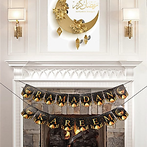 Ramadan Kareem Banner, Ramadan Banner with Star and Moon, Ramadan Kareem Decoration for Wall and Mantle - Pre-strung