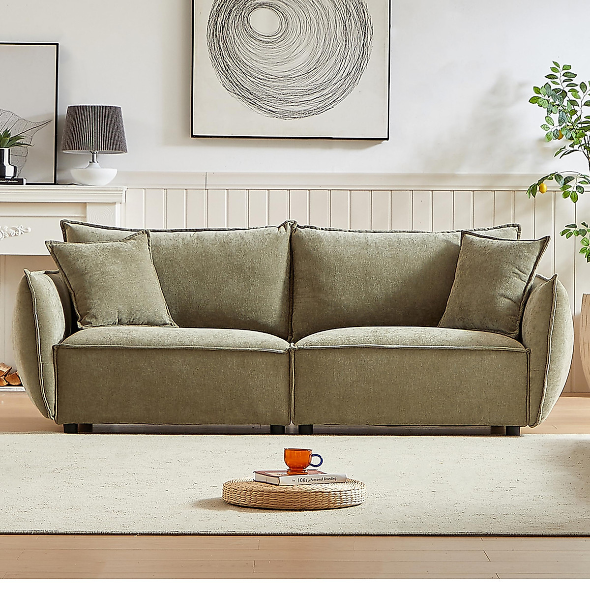 Yoglad 3-Seater Modular Sectional Sofa, Minimalist Style Upholstered Loveseat, Deep Seat Chenille Couch with 2 Pillows, for Living Room Apartment Office (Light Green)