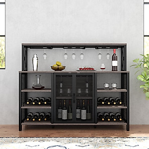 Gyfimoie Wine Bar Cabinet, 55 Inches Industry Coffee Bar Cabinet with Wine Rack and Glass Holder, Kitchen Sideboard Buffet Cabinet with Wine Rack Storage for Liquor and Glasses (Rustic Grey)