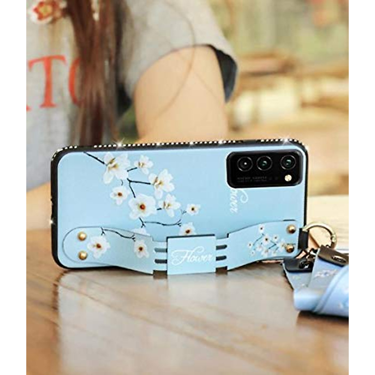 Aulzaju for S21 Ultra Case Luxury Bling Diamond Cute Flower Design with Ring Kickstand Soft TPU Crossbody Lanyard Phone Cover with Strap for Girls Women for Samsung Galaxy S21 Ultra (Red)