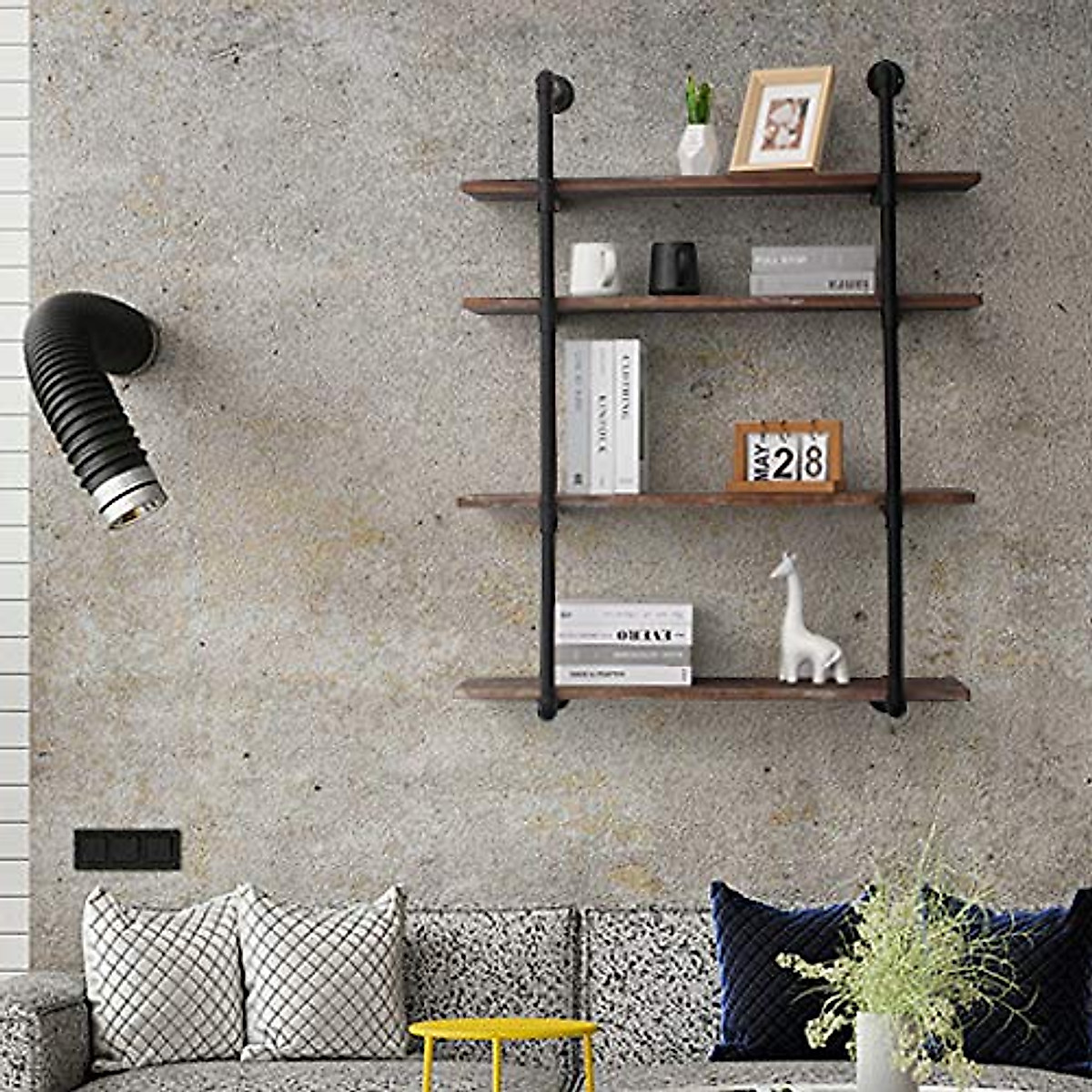 Coral Flower Industrial Pipe Shelving Wall-Mounted 4-Tier Rustic Metal Floating Shelves Wood Book Shelves Wall Shelf Unit Bookshelf Hanging Wall Shelves，Gray