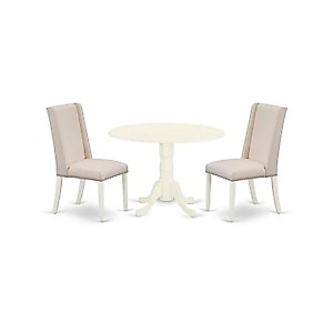 East West Furniture DLFL3-WHI-01 3 Piece Kitchen Table Set Contains a Round Dining Room Table with Dropleaf and 2 Cream Linen Fabric Upholstered Chairs, 42x42 Inch, Linen White