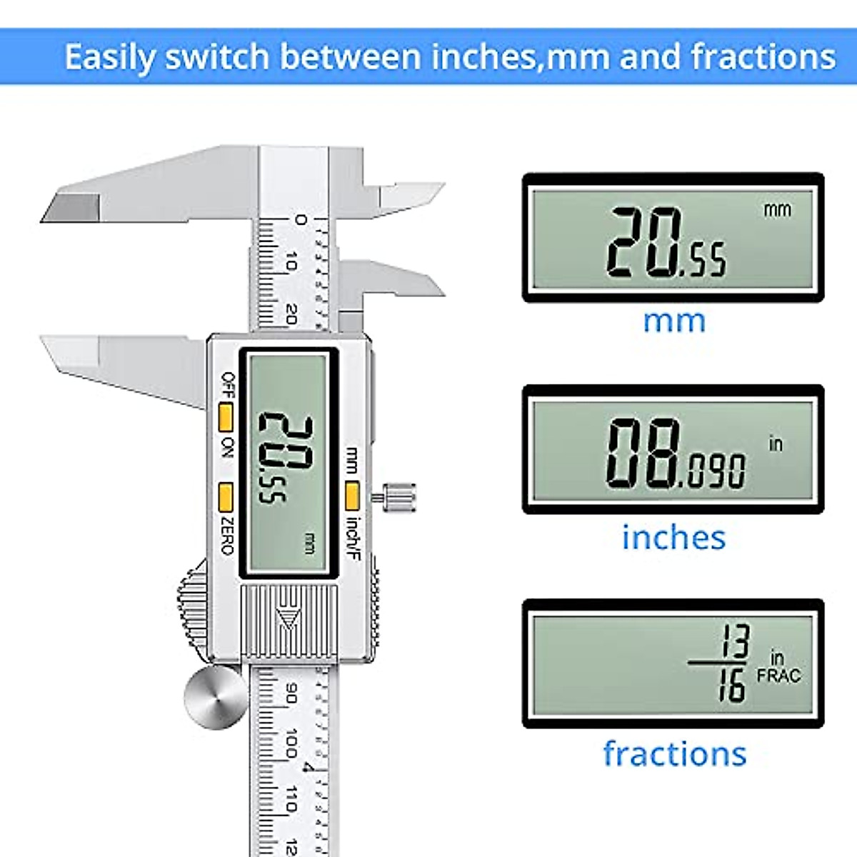 CAMWAY Digital Caliper 6Inch + Feeler Gauge Stainless Steel Electronic Vernier Caliper 150mm, Fractions/Inch/Metric Measuring Tool for Length Width Depth Inner Diameter Outer Diameter