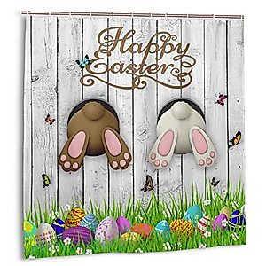 Casdseci 4Pcs Easter Bunny and Eggs Shower Curtains Set with Non-Slip Rugs, Toilet Lid Cover and Bath Mat, Cute Rabbit with Spring Flower Fabric Bathroom Curtain with 12 Hooks 72 x 72 Inch