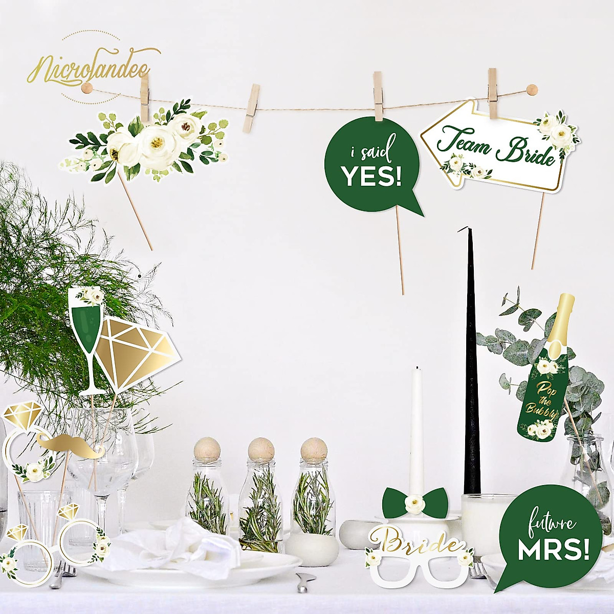 NICROLANDEE 12 Pack Green Gold Wedding Photo Props Kit, Forest White Floral Engagement Photo Booth Props Accessories for Greenery Wedding, Bride to Be, Engagement, Bridal Shower, Hen Party Supplies