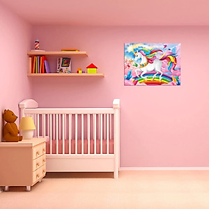 Unicorn Rainbow Wall Art Unicorn Decor for Girls Bedroom Pink Unicorn Painting for Kids Baby Nursery Cute Cartoon Unicorn Canvas Print Framed Artwork Birthday Gifts for Daughter Ready to Hang 16"x12"