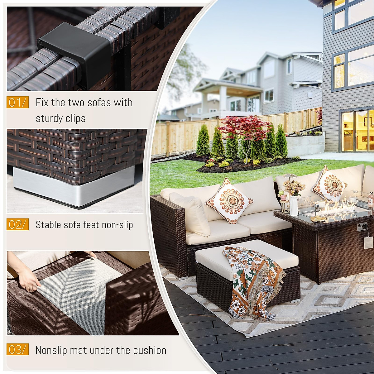 BULEXYARD High Back Brown PE Rattan Outdoor Patio Furniture Set with Propane Fire Pit Table, Large Wicker Outside Sectional Furniture Sofa Conversation Sets for Backyard(Beige, 9Pcs-A)