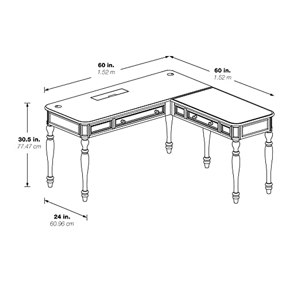 OSP Home Furnishings Country Meadows L-Shape Desk with 2 Full Drawers and Power Hub, Plantation Grey