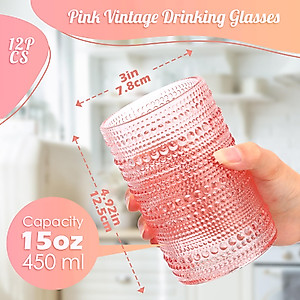 Roshtia 12 Set Pink Hobnail Beaded Drinking Glasses 15 oz Vintage Glassware Old Fashioned Iced Beverage Glasses Textured Cocktail Glasses Embossed Glassware Cups for Juice, Water, Not Dishwasher Safe