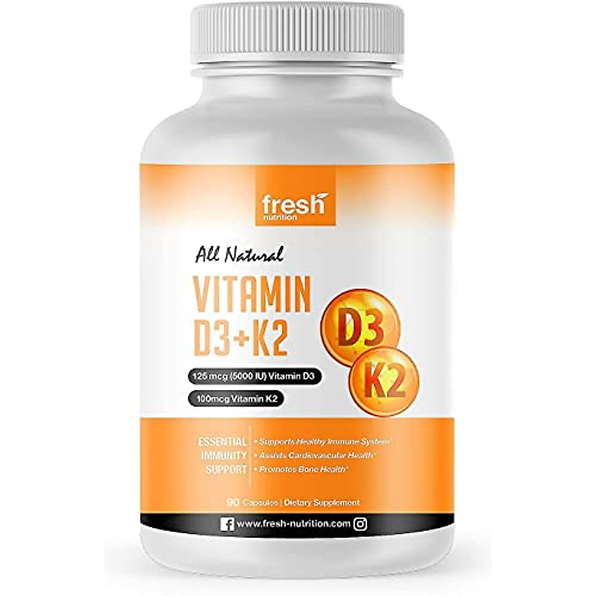 Vegan Vitamin D3 (5000iu/125mcg) + Vitamin K2 (100mcg as MK-7) for Optimal Absorption (90 Capsules 5000iu Each - 3 Month Supply) - Plant Based Vitamin D3 K2 Supplement - Non GMO, Gluten Free - Adults