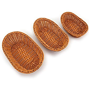 Yarlung 3 Pack Poly-Wicker Woven Breads Baskets, Stackable Oval Fruit Baskets Food Serving Holders for Vegetables, Home, Kitchen, Restaurant, Outdoor, Imitation Rattan Brown, 3 Sizes