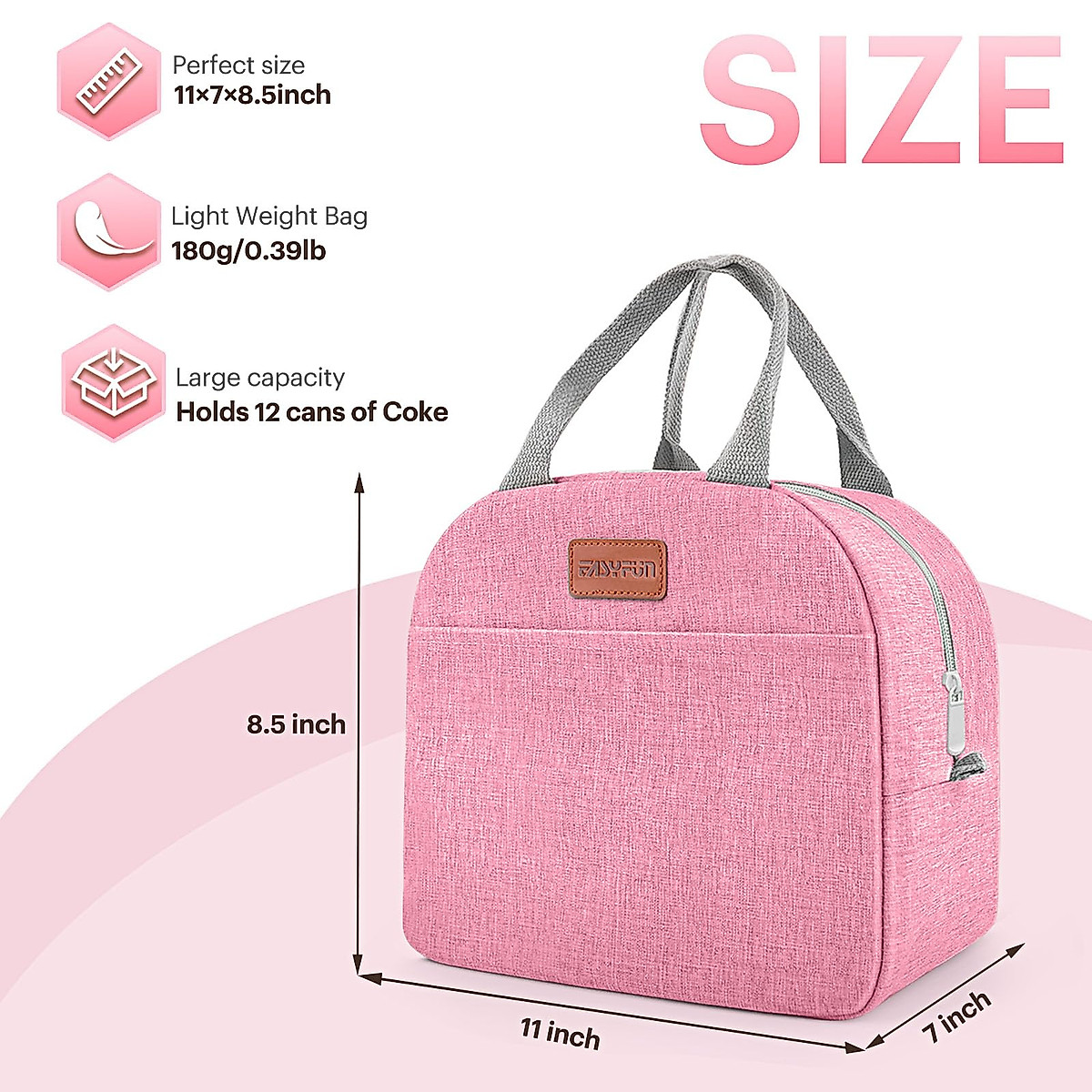 Lunch Bag for Women & Men Adult Insulated Lunch Box, Small Leakproof Cooler Food Lunch Containers Reusable High Capacity Lunch Tote Bags for Work, Travel, Outdoor (Pink)