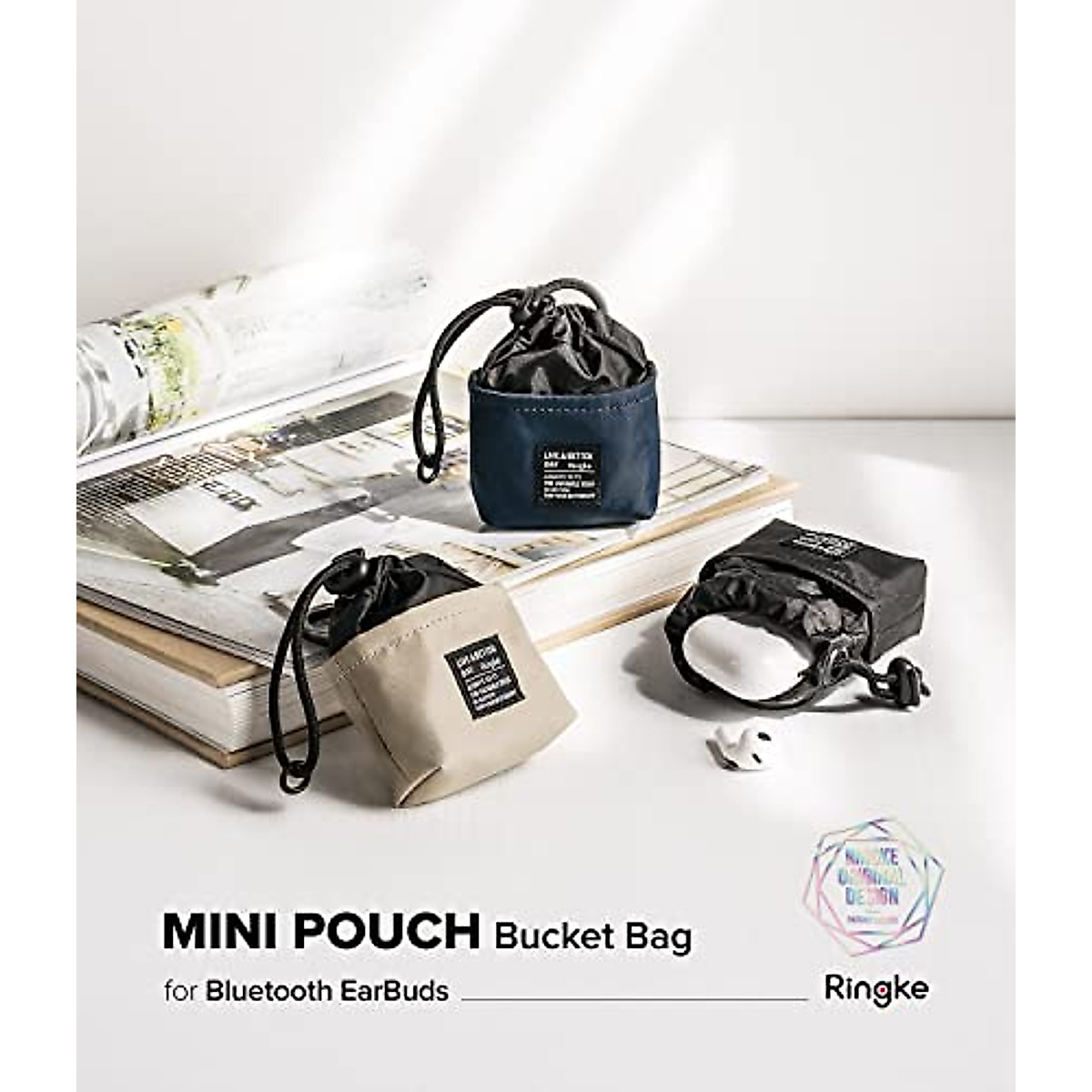 Ringke Mini Pouch [Bucket Bag] with O Ring Carabiner, Nylon Carrying Pouch Small Bag for AirPods, Galaxy Buds, Earphones, Cards, ID - Black