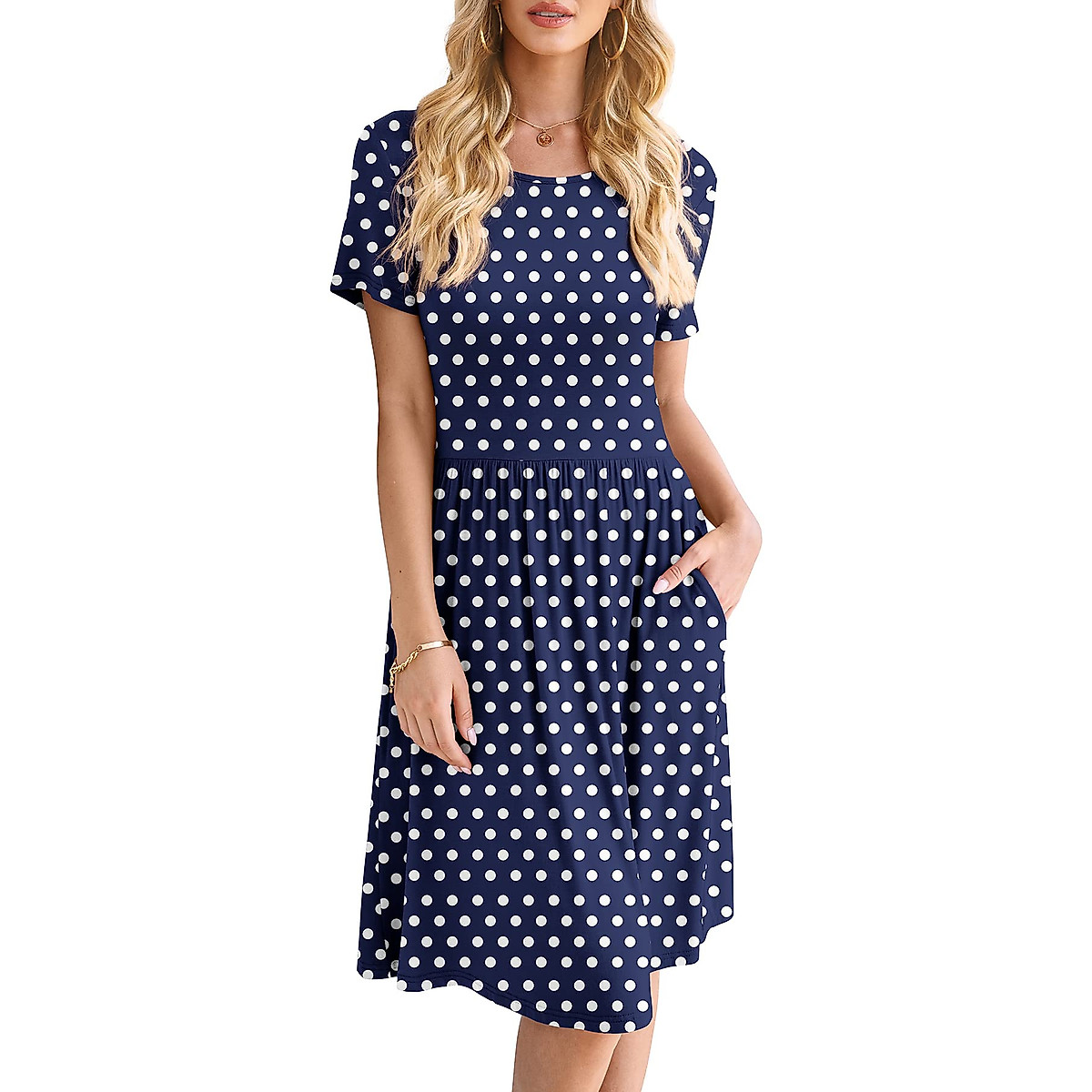 DB MOON Women Summer Casual Short Sleeve Dresses Empire Waist Dress with Pockets (Polka Dot Navy Blue, M)