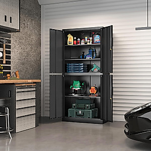 MIIIKO Steel Storage Cabinet with Locking Doors, Black Storage Cabinet with 4 Doors and 3 Adjustable Shelves, Tall Metal Locker Cabinet for Home Office, Garage, School