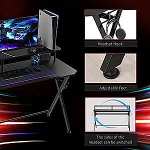 HOMCOM 55 inch Gaming Desk Racing Style Computer Office PC Gamer Workstation with Elevated Monitor Stand, Headphone Hook, Black