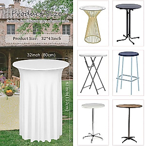 Albassa 4 Pack Cocktail Table Covers 32"x 43" Spandex Stretch Round Cocktail Tablecloths with Wavy Drapes Fitted High Top Bar Table Skirt for Wedding Party Banquet (White, 4 PCS)