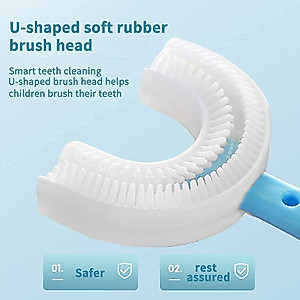 ETHCOOL Kids U-Shaped Toothbrush Food Grade Soft Silicone Brush Head 360° Oral Teeth Cleaning Design for Children Manual Training Toothbrush Easy Grip for Toddlers Blue Pink (Age 6-12)