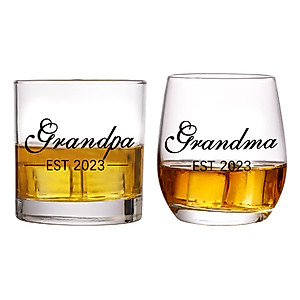 axqania Grandpa Grandma Wine Glass Set - 2023 11 oz Whiskey Glass Gift Set, Announcement Whiskey Glass Set Promoted to Grandma & Grandpa