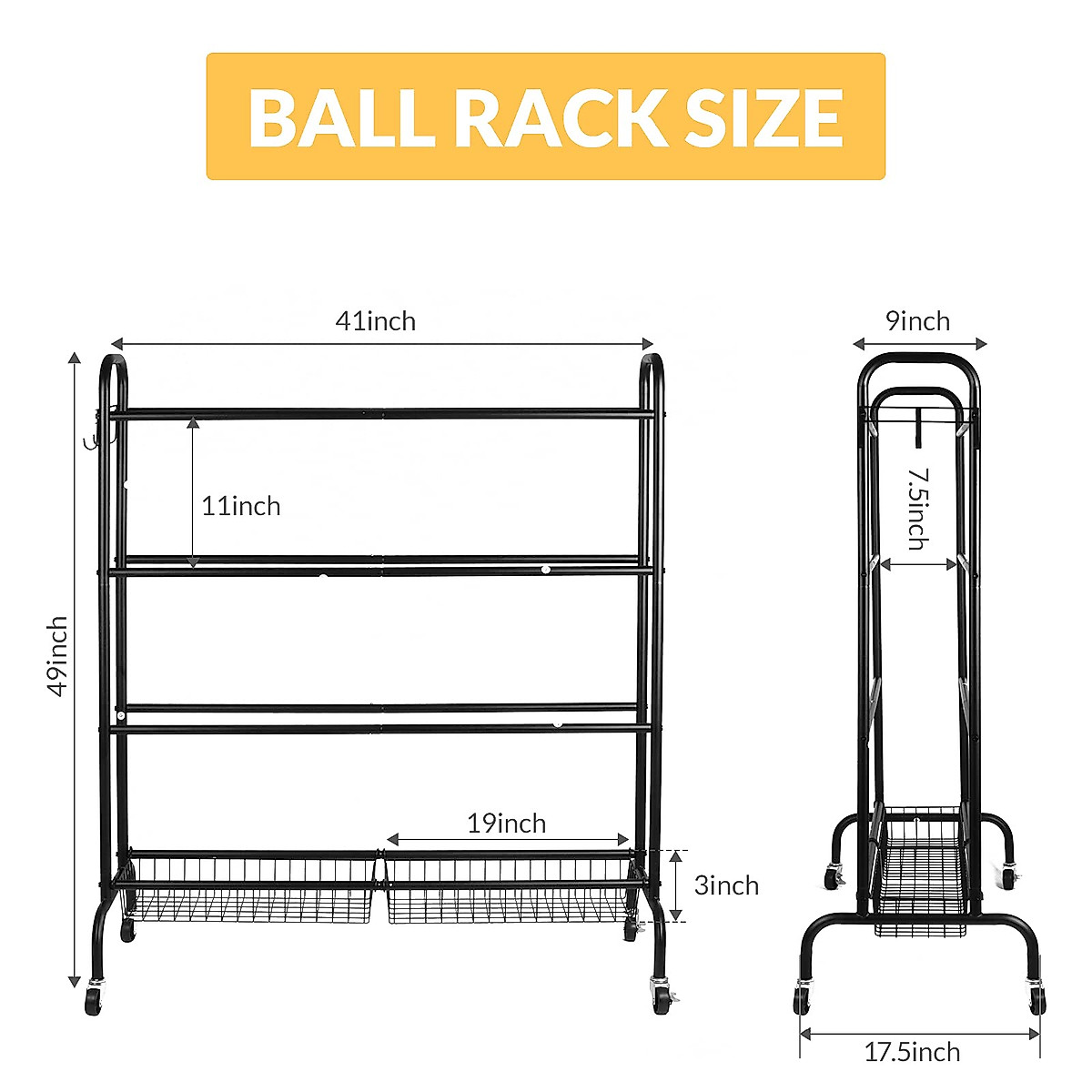 EXTCCT Basketball Rack, Outdoor Rolling Basketball Shooting Training Stand,Sports Equipment Storage with Wheels, Garage Four-layer ball Holder With Two Basket For Basketballs Footballs Volleyball