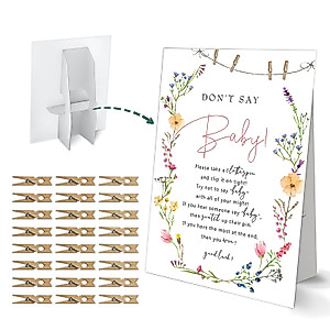 Don't Say Baby Clothespin Game, Boho Wildflowers Baby Shower Game, One 8x11 Sign and 50 Mini Natural Clothespins, Gender Neutral, Baby Shower Decoration - MJZ29
