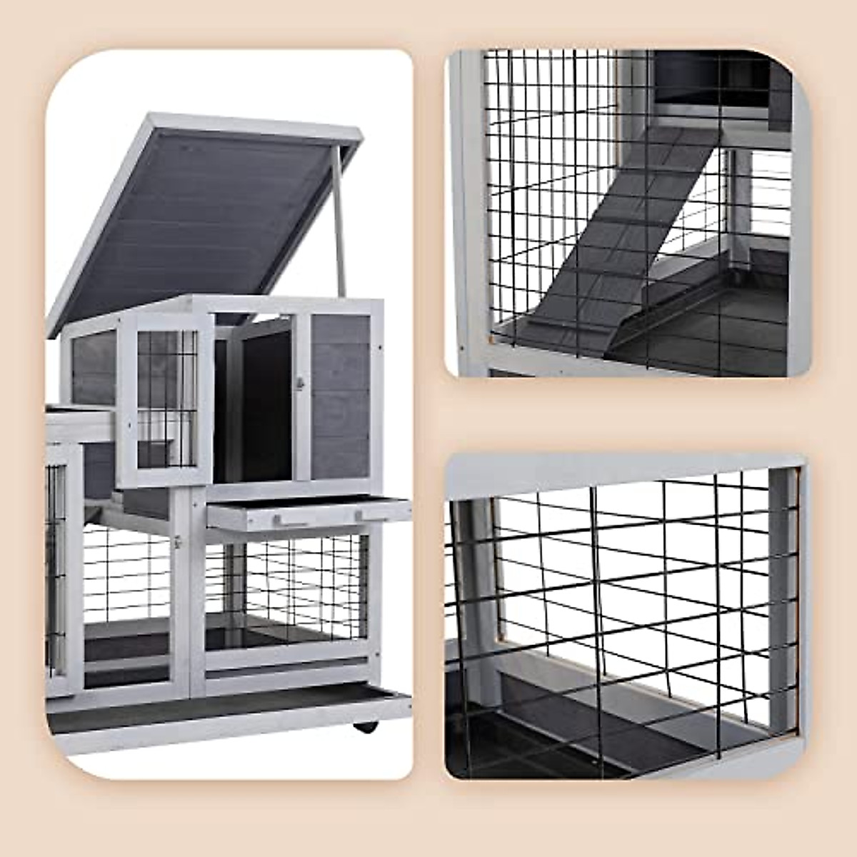 Rabbit Hutch Indoor and Outdoor Rabbit Cage 37 Inch Wide Wooden Hutch House Guinea Pig Cage with Wheels Rolling Large Hutch Cage,Grey