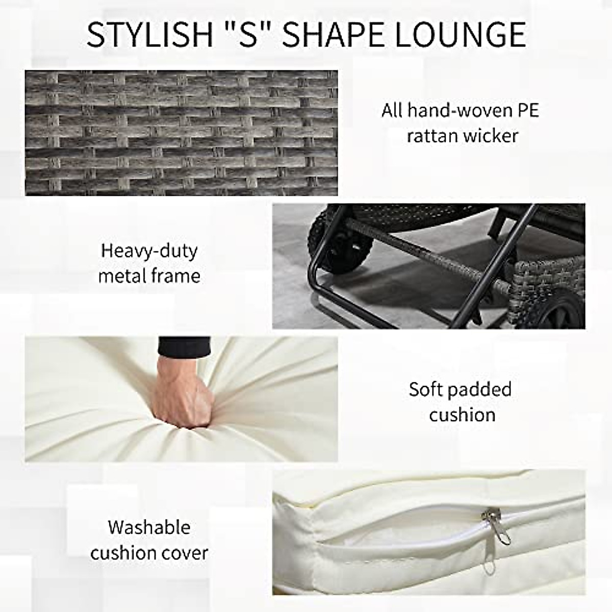 Outsunny Reclining Chaise Lounge Chair, Thickly Cushioned, Rolling Outdoor Plastic Rattan Sun Bathing Chair with Wheels for Poolside, Pool, Patio, Off-White