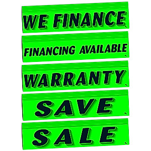 Versa Tags Windshield Slogan Stickers 12 Pack Each of WE Finance, FINANCING Available, Warranty, Save, Sale (60) Window Stickers Total Dealership Stickers Black On Green