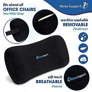 RELAX SUPPORT RS7-X Lumbar Support Pillow - Medium Firm Memory Foam Office Chair Back Support - Promotes Spinal Alignment & Better Posture - Non-Slip Strap, Washable Cover - Fits Wheelchair, Recliner